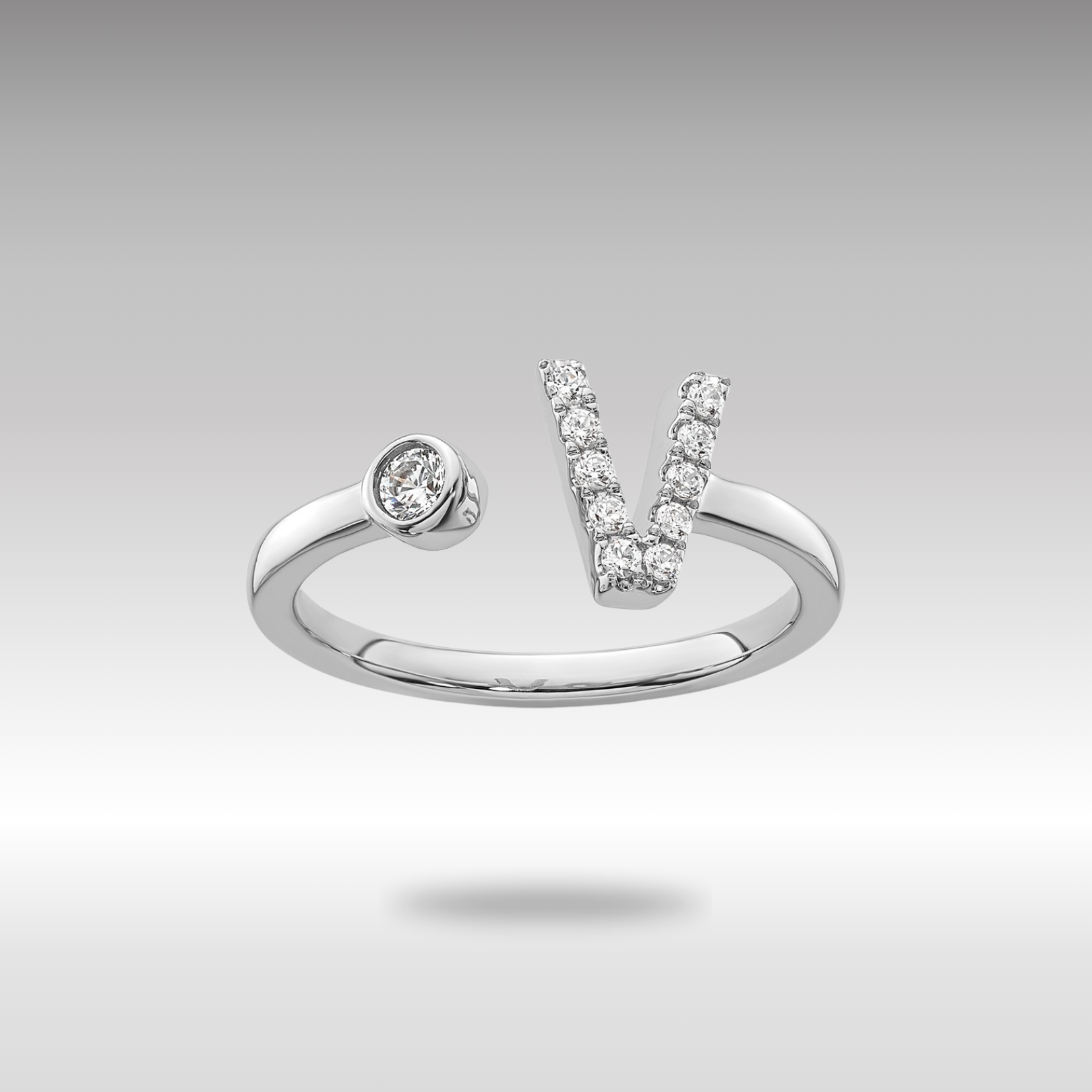 Charlie Co. Jewelry 14K White Gold Lab Grown Diamond Initial V Adjustable Ring Gold Letter Ring
