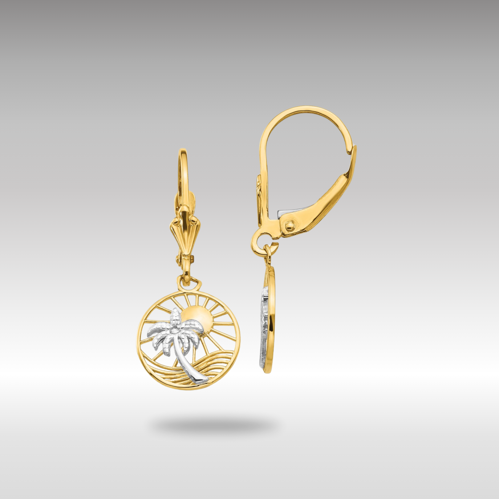 Yellow and White 14K Gold Dangle Palm Tree Leverback Earrings Model ...